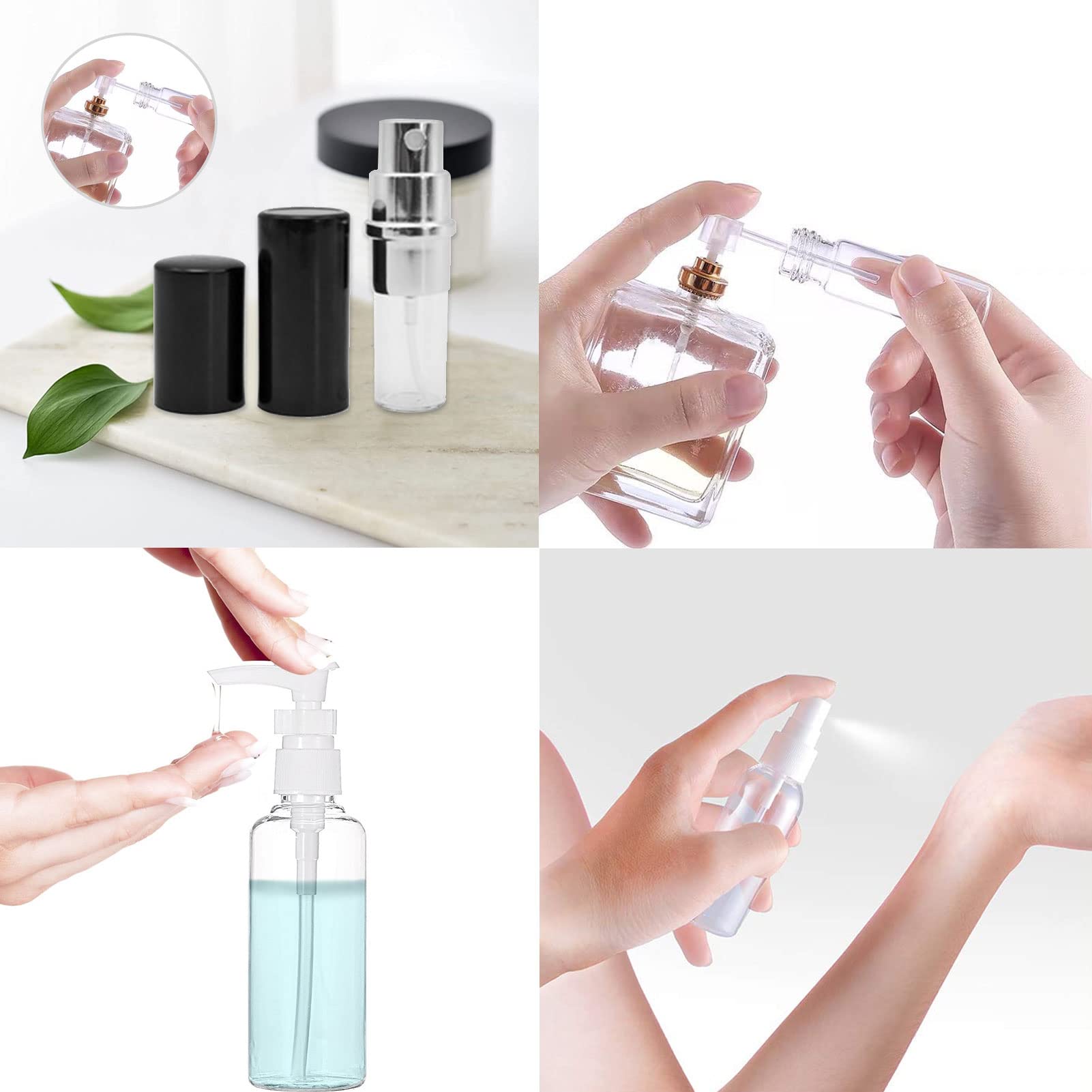 19Pack Empty Silicone Travel Size Toiletries Set, Leakproof Squeezable Spray Bottles Tubes, 1oz 2oz 3oz Refillable Cosmetic Container, Mini Perfume Atomizer Airplane Travel Essentials (White&Black)