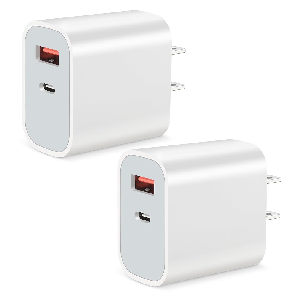 2 Pack USB-C Wall Charger, 20W Durable Dual Port QC+PD 3.0 Power Adapter, Double Fast Plug Charging Block for iPhone X/XS 11/12/13/14/15 Pro Max,Samsung Galaxy S23/S22/S21 Android Phone