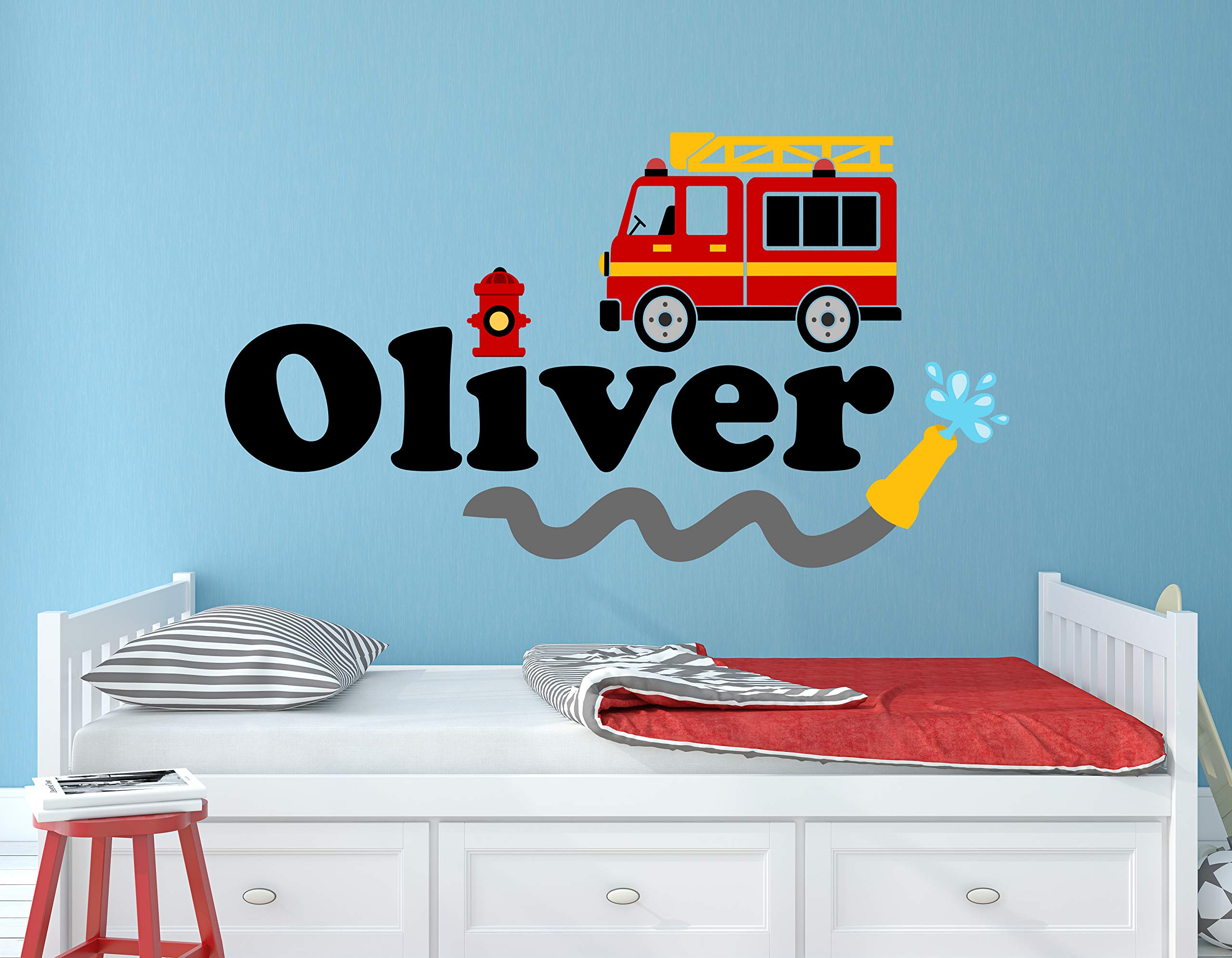 Custom Name Firetruck Wall Decal - Firetruck Wall Decals - Boys Kids Wall Decal - Nursery Wall Decals - Fire Truck Vinyl Wall Art Decor Sticker (24"W x 14"H)