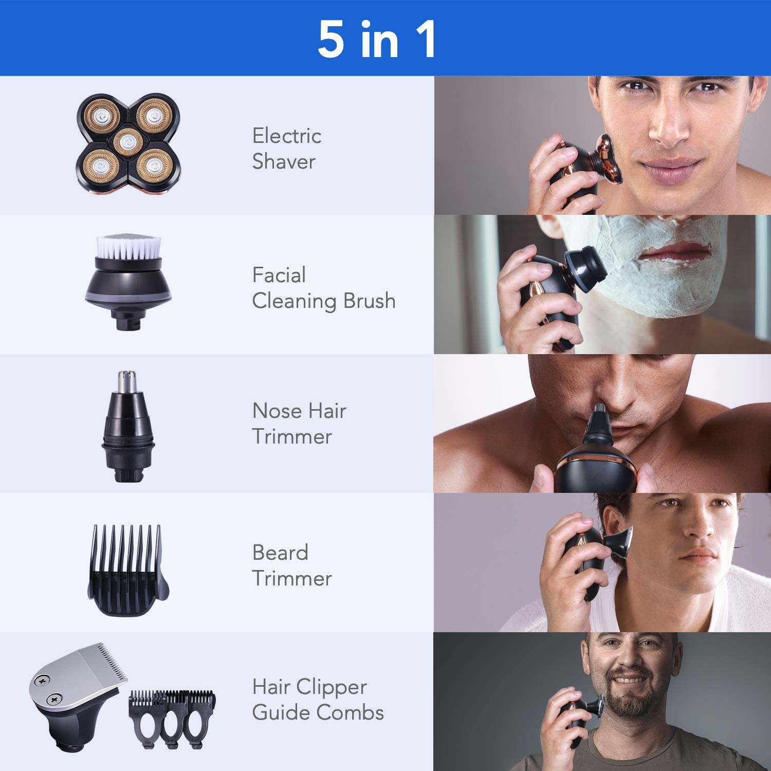 Electric Razor for Men,Plusdot 5D Wet Dry Electric Rotary Shaver Waterproof Grooming Kit,Men's Beard Trimmer 5 in 1 USB Rechargeable Cordless Bald Head Shaver Smooth Hair Trimmer