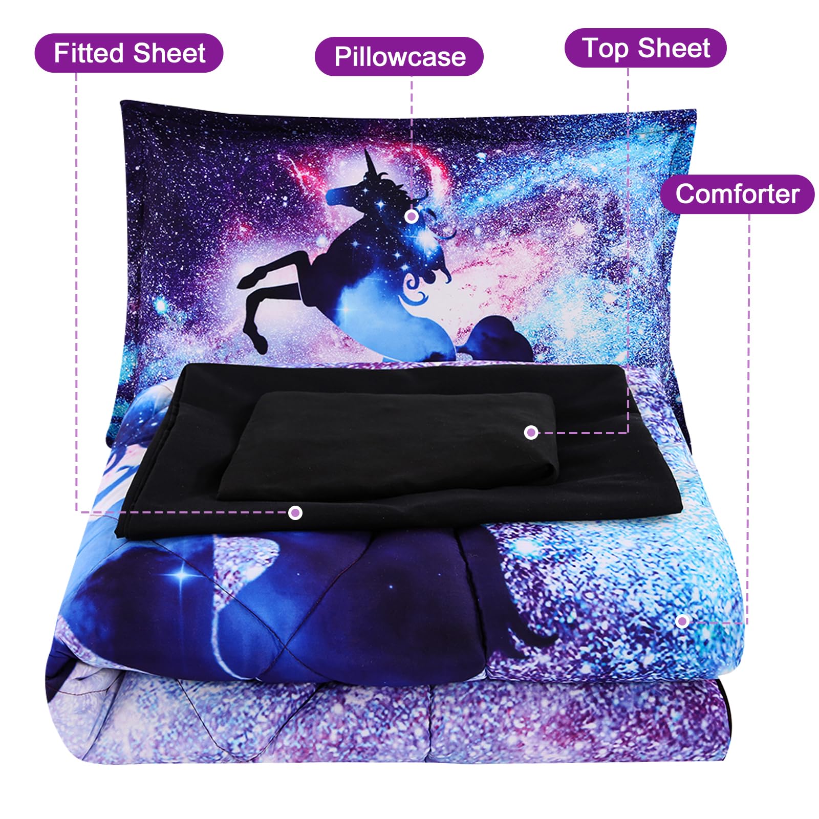 Wowelife Unicorn Toddler Bedding Set for Girls Galaxy Toddler Bed Sheets Sets Blue Kids Toddler Comforter Set Breathable and Soft with Comforter, Flat Sheet, Fitted Sheet and Pillowcase