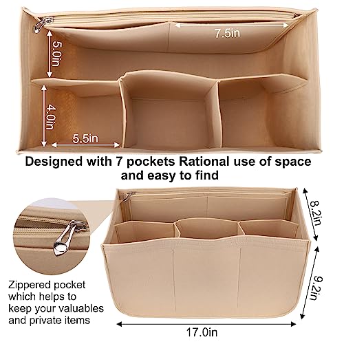AIERSA Rubber Beach Bag Organizer Compatible with Bogg Bag/Simply Southern Tote, Felt Insert Divider Pouch with Zipper for Bogg Bags Accessories, with 7 Pocekets, Only for Original X Large Size -Beige