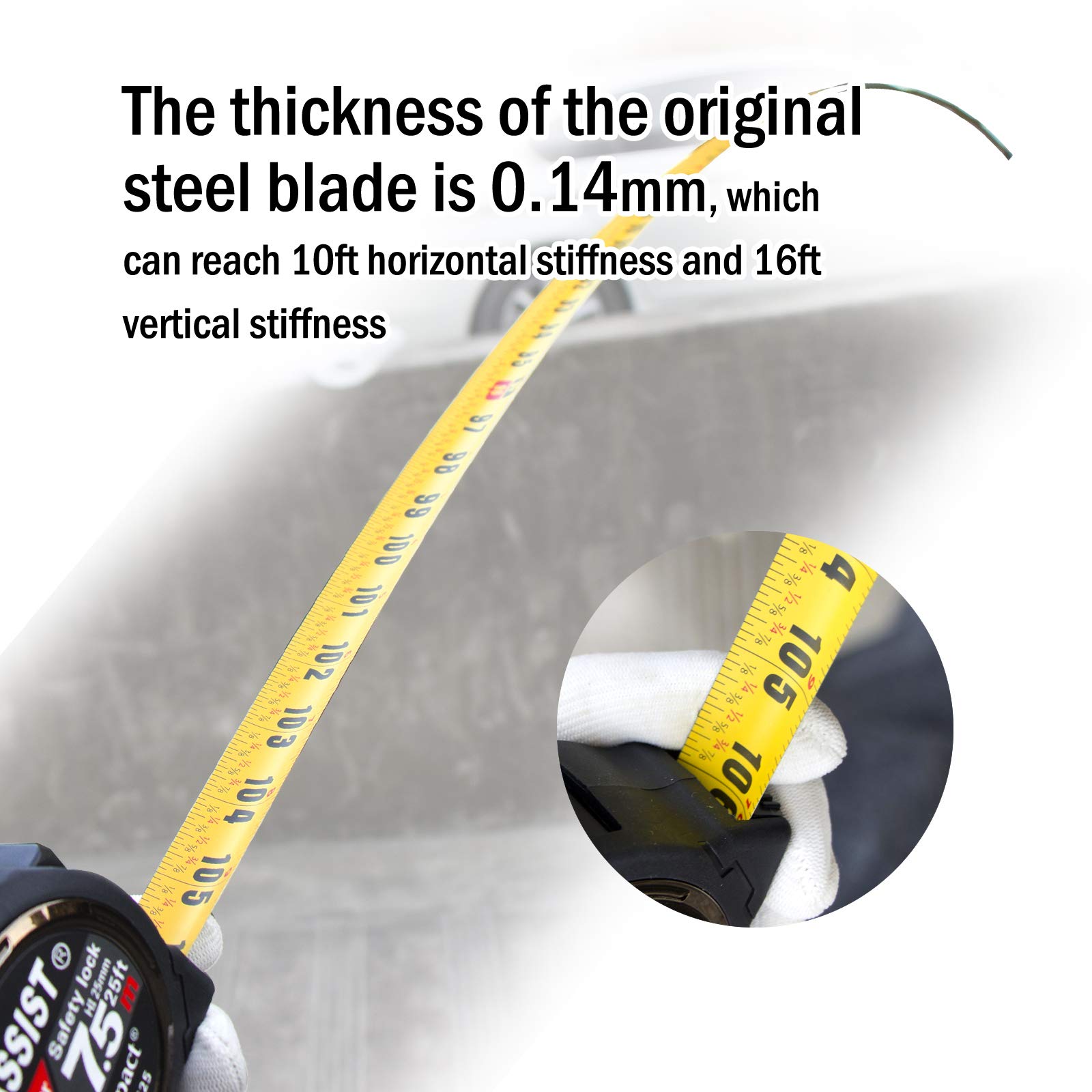 25FT Measuring Tape by ASSIST-Easy Read Double Side Printing with Metric and Inches,2.6m Level Standout Blade,Heavy Duty Shock Absorbent Rubber Case-for Construction,Surveyor