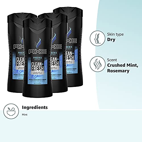 AXE Body Wash Phoenix 12h Refreshing Scent Crushed Mint & Rosemary 4 count Men's Body Wash with 100% Plant-Based Moisturizers 16 oz