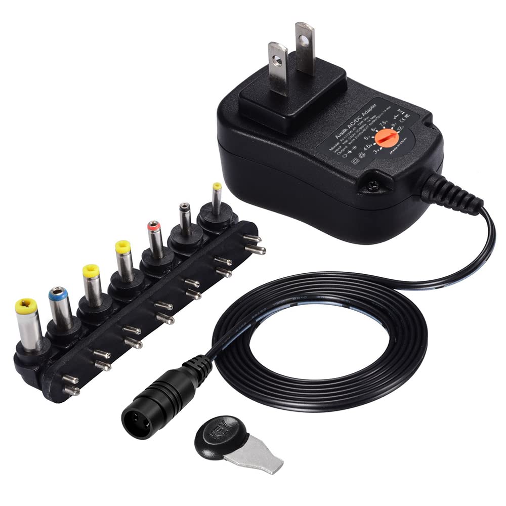 Aisilk Multi-Voltage AC DC Power Adapter 3V-12V 1000mA 1A Max 12W Universal Switching AC/DC Charger W/ 8 Adapter Plugs Compatible with 3V 4.5V 5V 6V 7.5V 9V 12V Electronic Devices