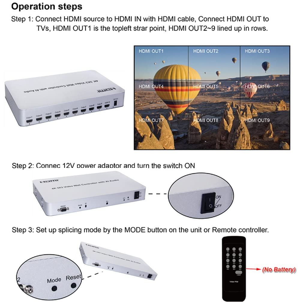 4K HDMI 3x3 Video Wall Controller with Al Audio | 9 Channels | HDMI 1.4, HDCP1.4 | 1 HDMI Input & 9 Outputs | 15 Display Modes - 1x2, 1x3, 1x4, 2x1, 2x2, 2x3, 2x4, 3x1, 3x2, 3x3, 4x1, 4x2