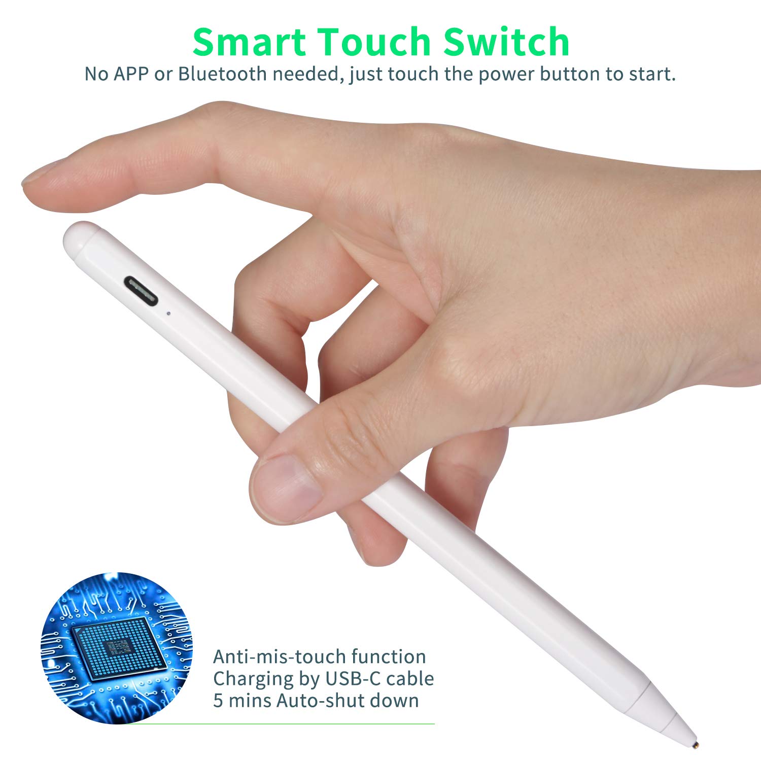 Electronic Stylus for iPad Pro 9.7" Pencil,Active Capacitive Pencil Compatible with Apple iPad Pro 9.7-inch Stylus Pens,Good on Drawing and NotesType-C Rechargeable Pen, White