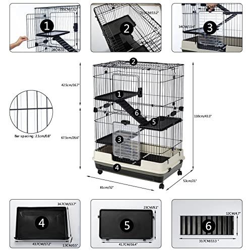 4-Tier 32" Small Animal Metal Cage Height Adjustable with Lockable Casters Grilles Pull-Out Tray for Rabbit Chinchilla Ferret Bunny Guinea Pig Squirrel Hedgehog,Black