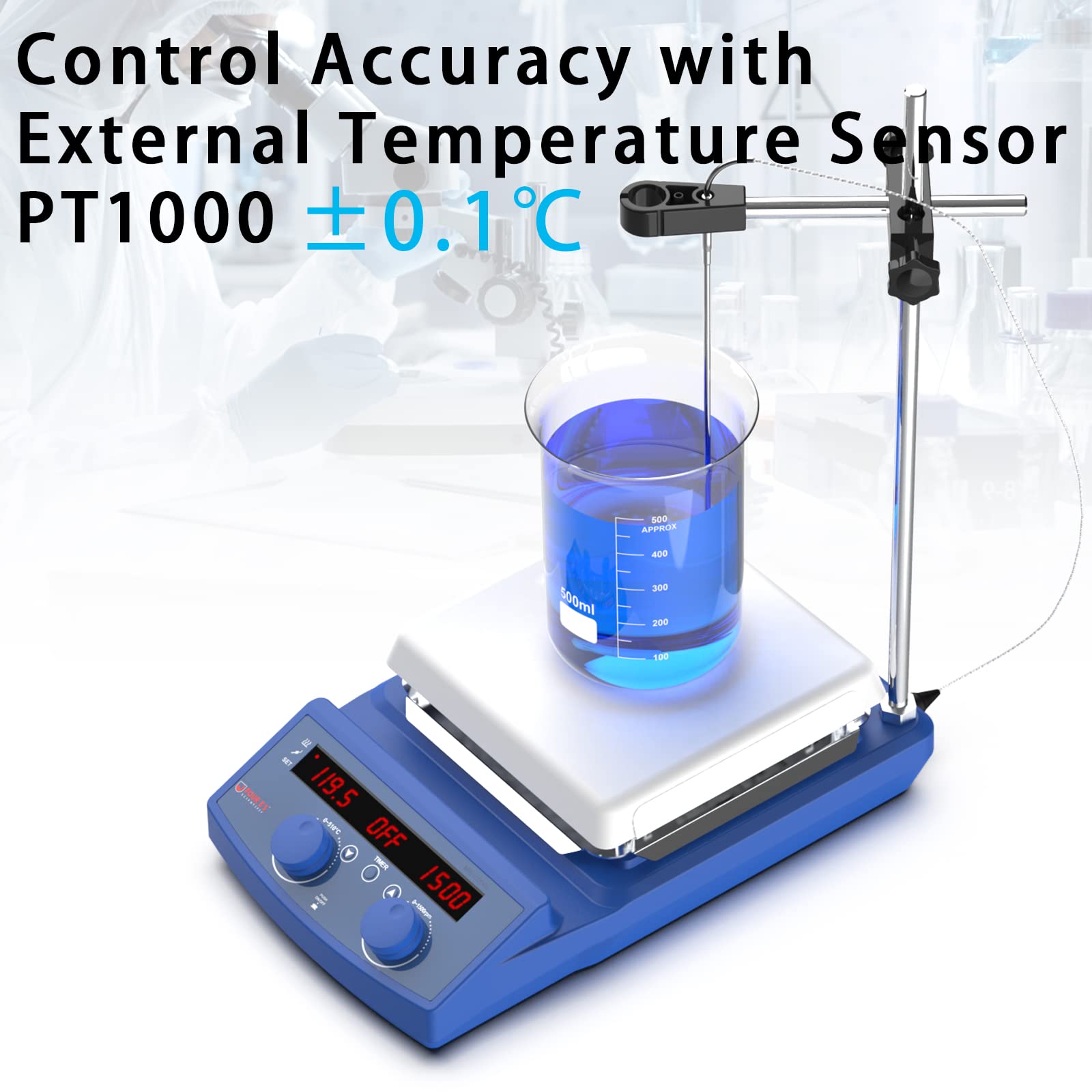 Magnetic Stirrer with Hotplate, 7 Inch Ceramic Hotplate, Speed and Temperature Adjusting, with Timer and Display, max 20L Stirring Capacity, 50 to 1500rpm, up to 510°C(950°F)