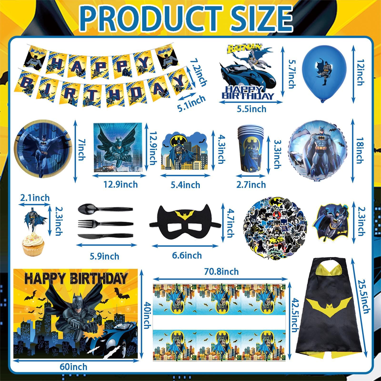 186PCS batm Birthday Party Supplies,Superhero Party Decorations Set Include Birthday Banner,Cake Topper,Cupcake Toppers,Tablecloth,Napkins,7Inch Plates,Invitation Card,Knives,Forks,Spoons