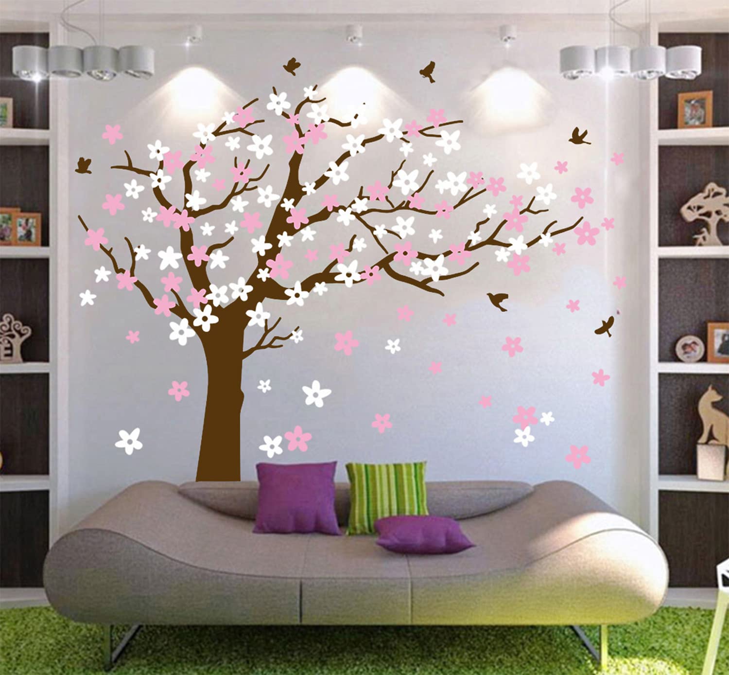 AIYANG Large Cherry Tree Wall Decals White Pink Cherry Blossom Flower Tree Branch Wall Stickers Baby Nursery Bedroom Living Room Decoration (Brown)