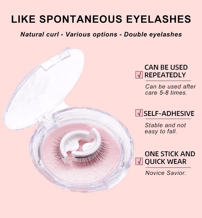 2 Pairs 2023 Reusable Self Adhesive Eyelashes No Glue or Eyeliner Needed, Easy to Put on Natural Look Waterproof False Lashes with Eyelash Curler and Brush for Women