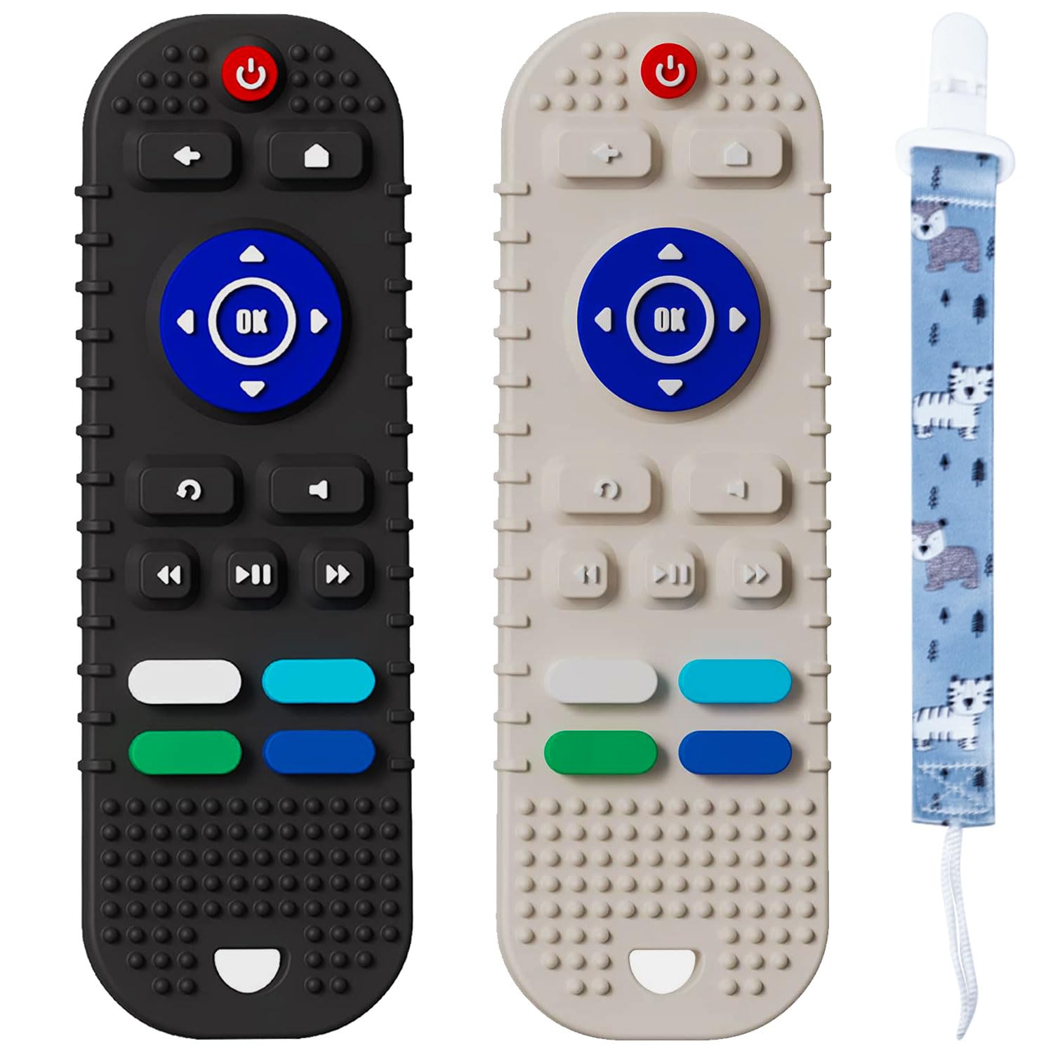 2 Pack Teething Toys for Babies 6-12 Months Tameler TV Remote Control Shape Silicone Baby Hand Teethers Toys for 12-18 Months -Infant Chew Toys with Pacifier Clip-Safety Tested (Black & Grey)