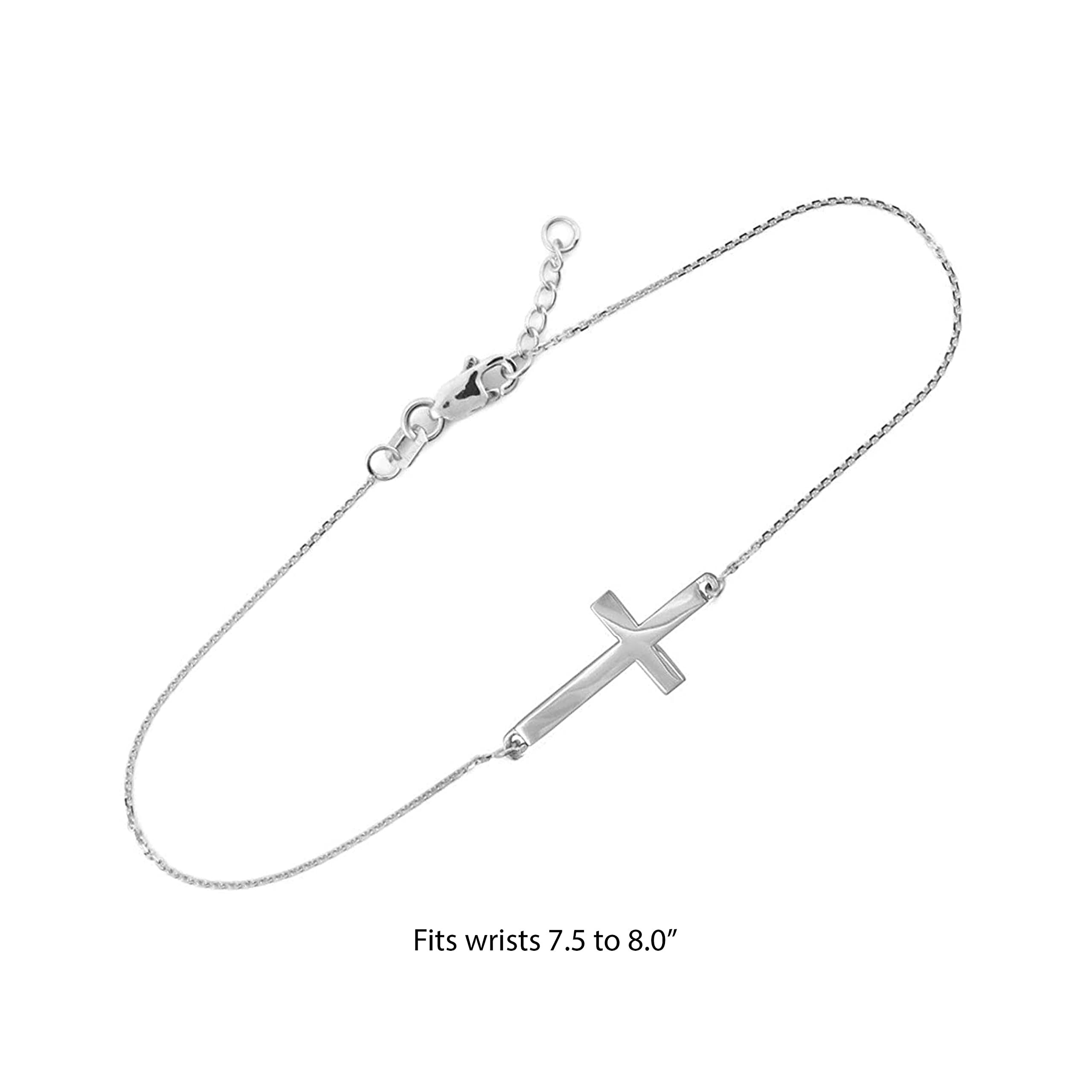14K White Gold Sideways Cross Crucifix Christian Rolo Chain Bracelet with Lobster Claw Clasp - Adjustable 7-1/2" with 1/2" Extender