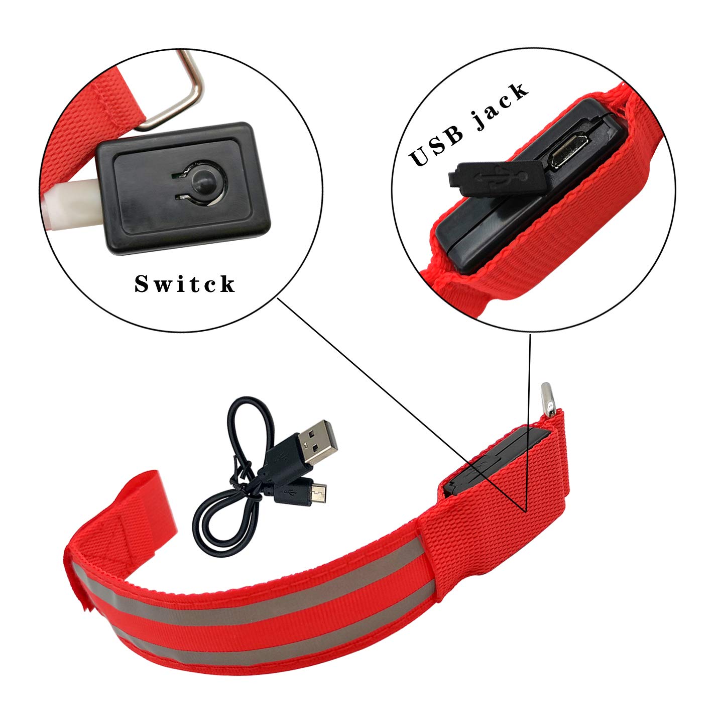 2 Pack LED Armband for Running Cycling Exercising Glow Light up in Dark Night Running Gear Safety Reflective Sports Event Wristbands with USB Charging Cord (Red)