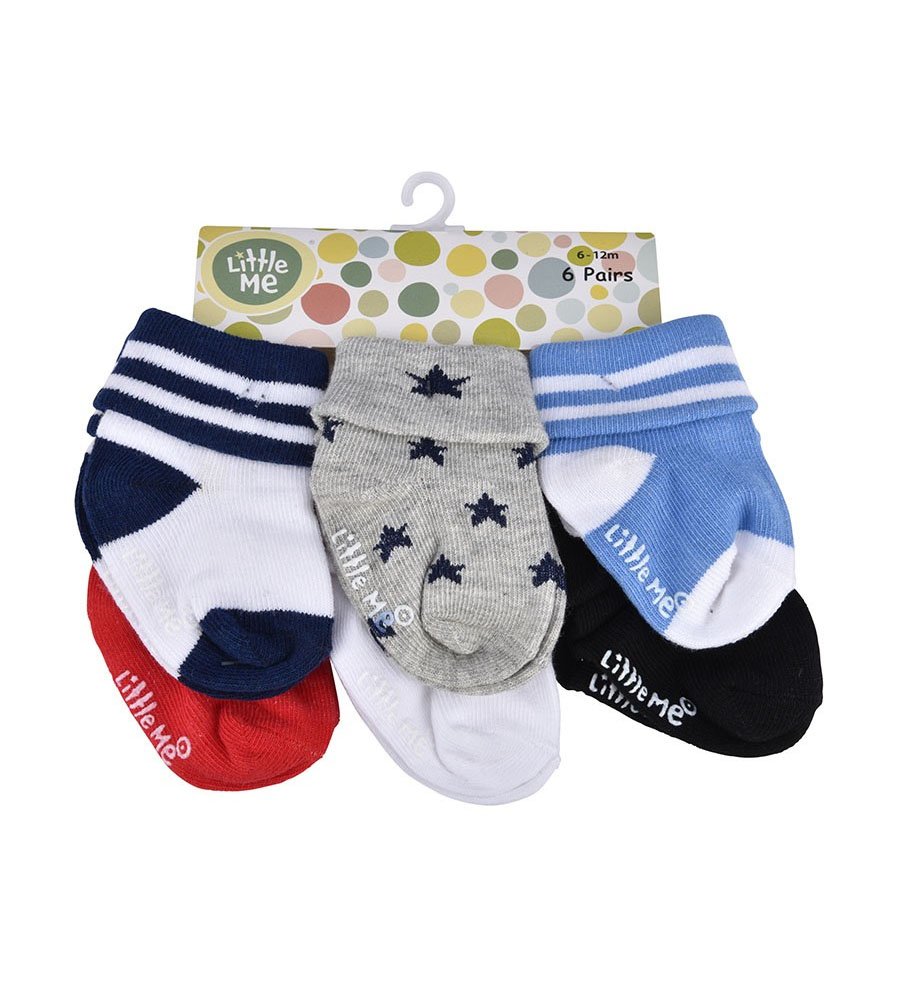 6-Pack Baby Boys Socks, Thick Cotton Rich Terry Cloth Turn Cuff Socks, Assorted Colors, 0-6 Months
