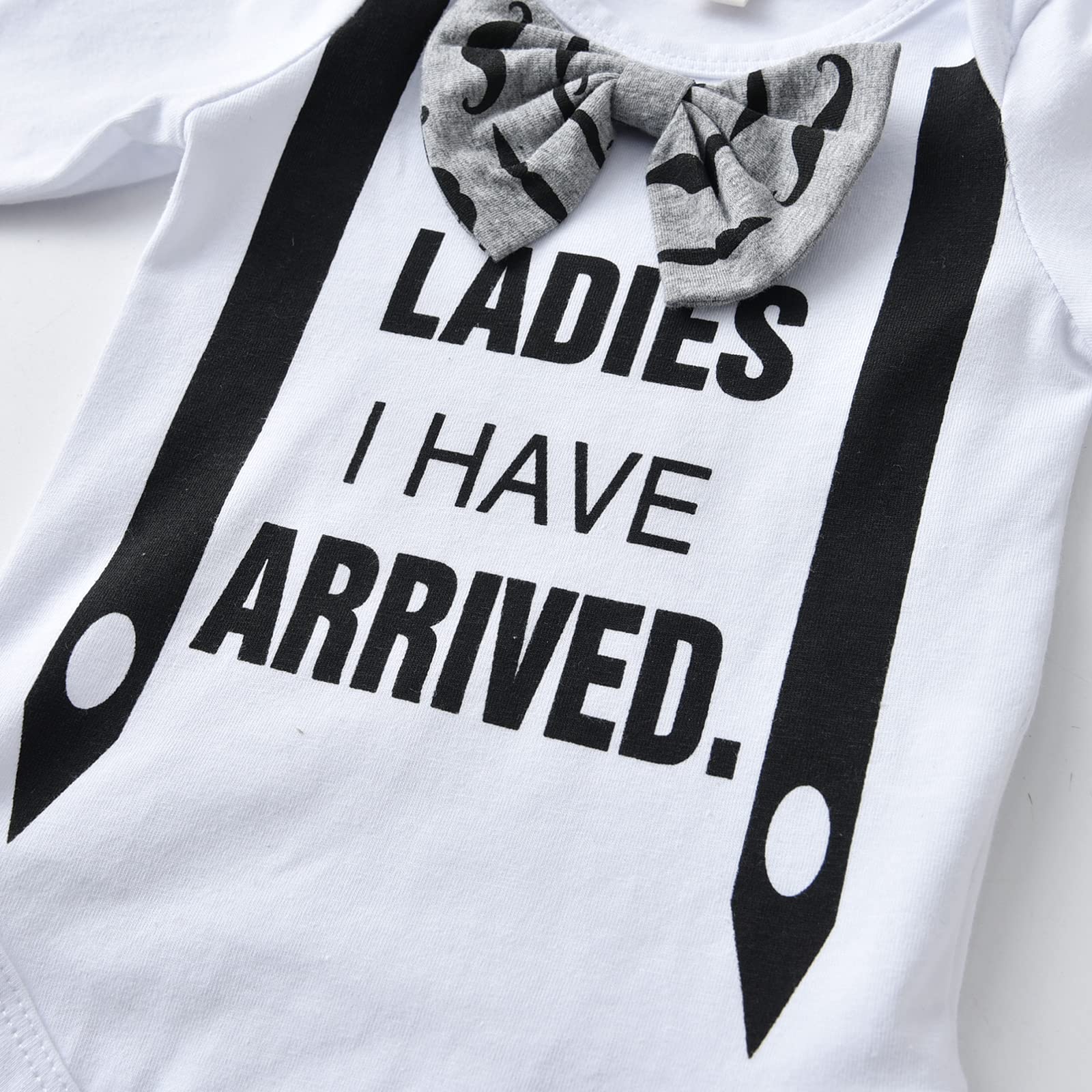 KuKitty Newborn Infant Baby Boy Clothes Long Sleeve Bow Ladies I Have Arrived Romper + Moustache Pants + Hat 3PCS Outfits Set (0-3 Months) Grey