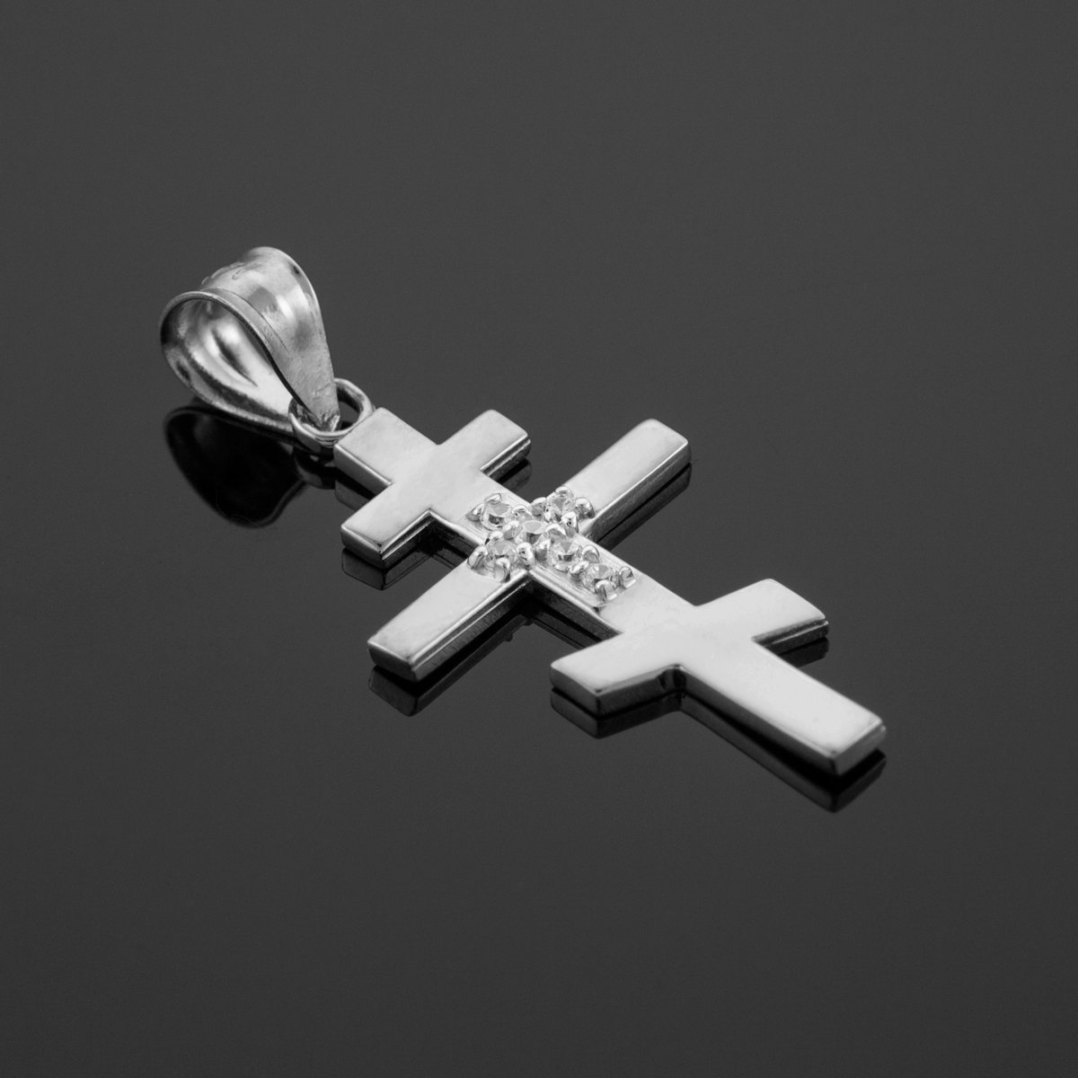 14k White Gold Diamond Studded Orthodox Charm Russian Cross Pendant