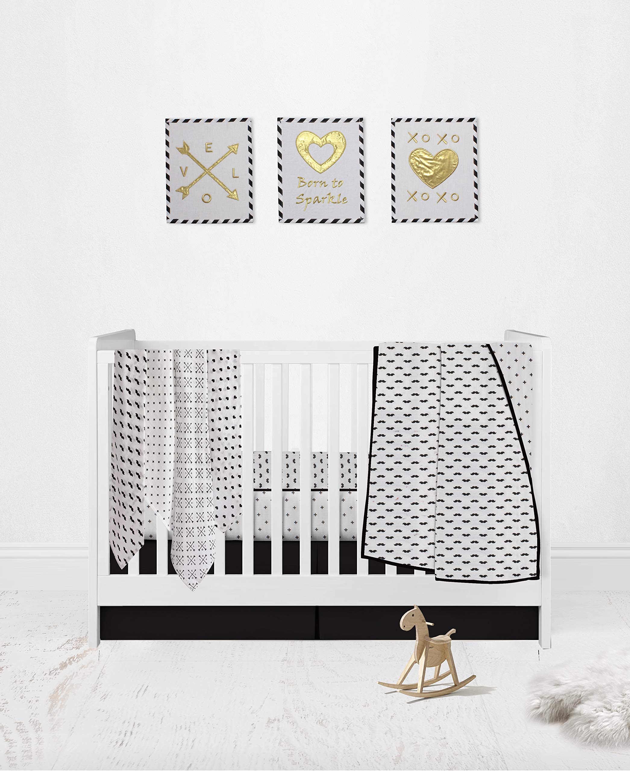 Bacati Love Muslin 3pc Crib Set with 4 Muslin Layers Lux Dream Blanket (Mustache/Plus/Cross, Black)