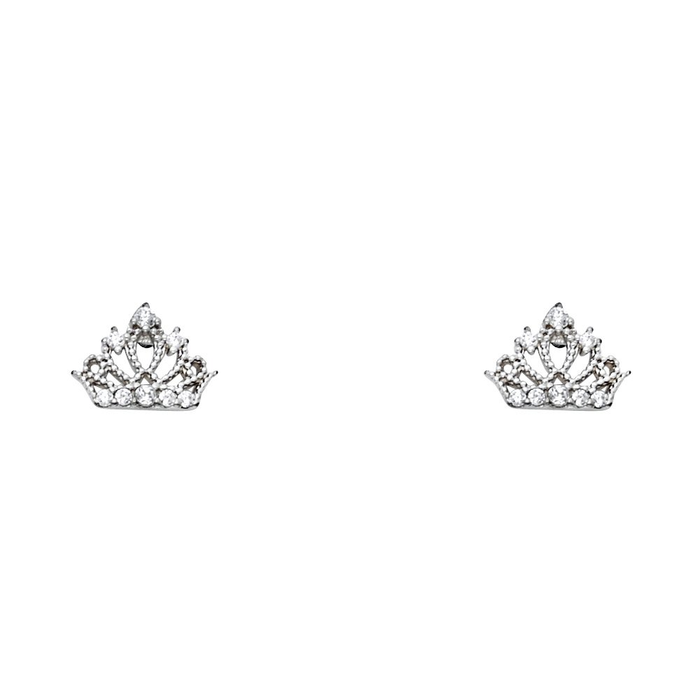 14k White Gold Crown Stud Earrings with Screw Back