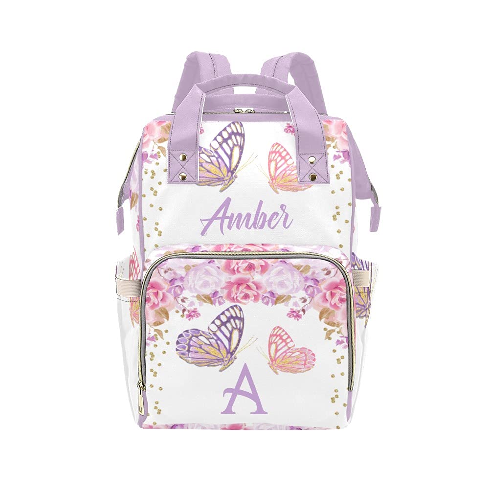 XOZOTY Purple Flower Butterfly Diaper Bags Backpack Personalized Baby Bag Nursing Nappy Bag Travel Tote Bag Gifts