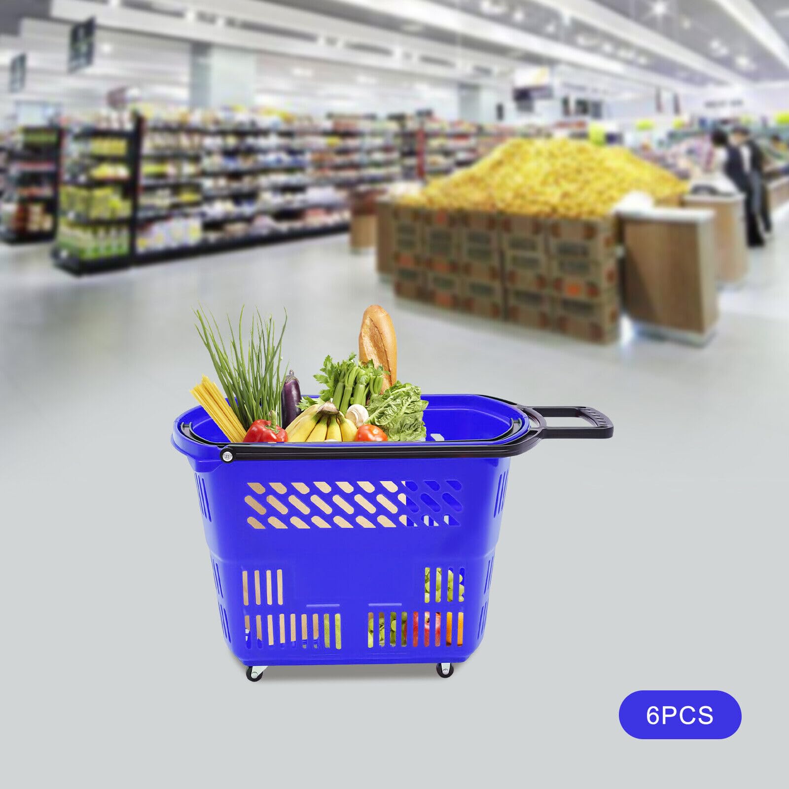 6PCS Shopping Carts, 35L w/Wheels and Handle, Shopping Basket Plastic Rolling Shopping Basket for Carrying and Storing Clothing Groceries (Blue)