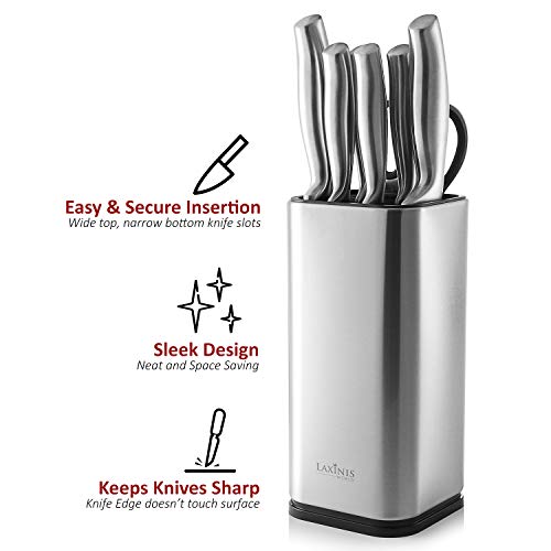 Laxinis World Universal Knife Block, Stainless-Steel Modern Rectangular Design with Scissors-Slot, Knife Holder Counter-top Storage, Holds 12 8”-Blade Knives, 9.1” by 4”(knives not included)