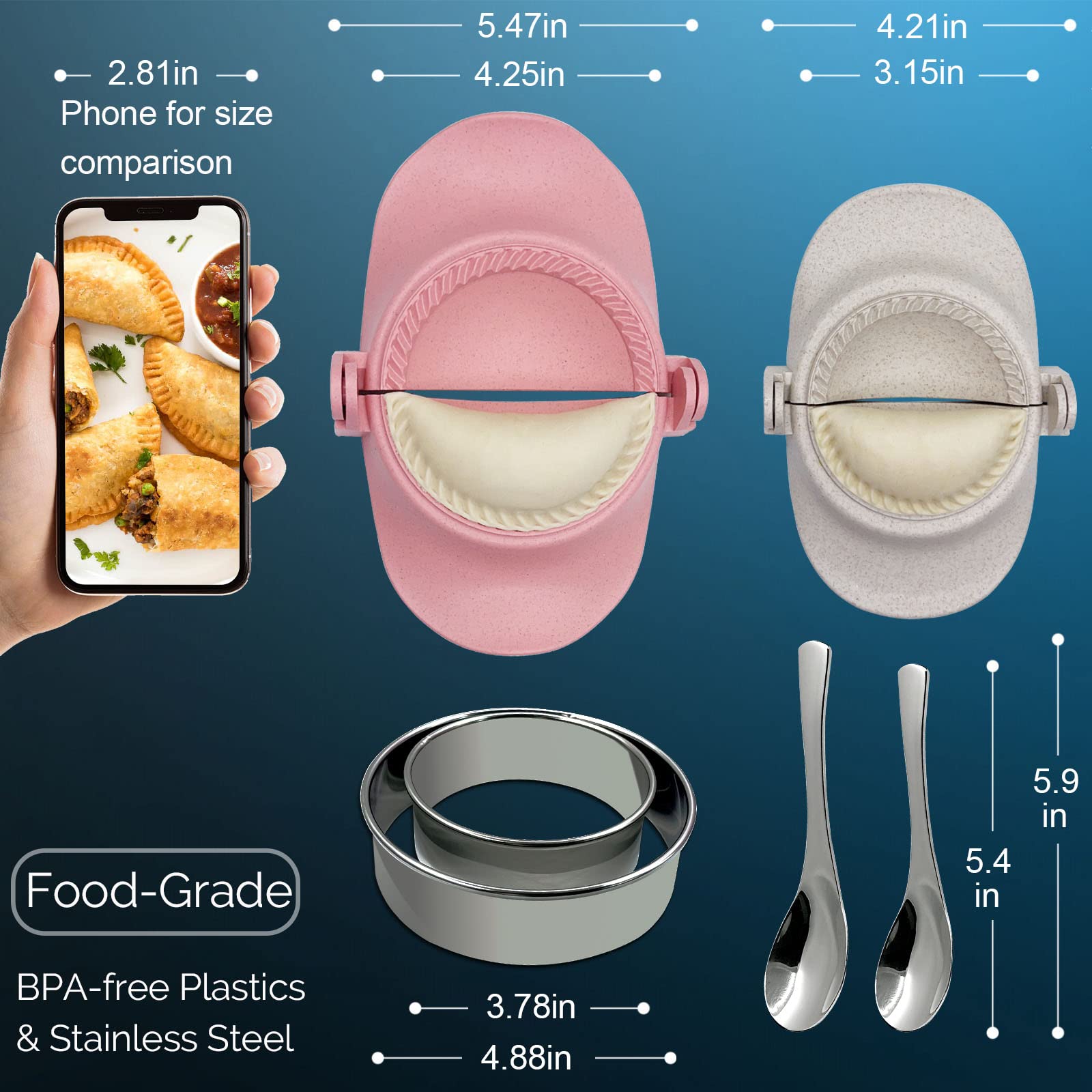 3.1in Dumpling Maker & 4.2in Empanada Maker Press Set Including 2* Press Molds, 2* Round Cutters, 2* Stuffing spoons K03A by CHIVIOR