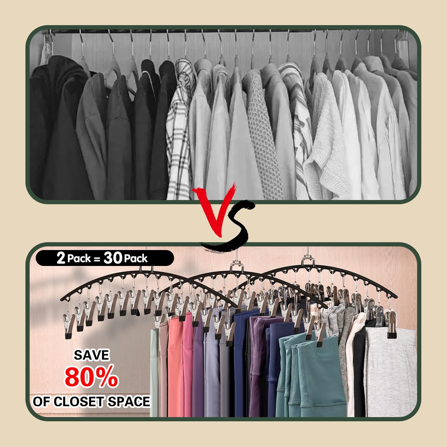 2 Pack Leggings Organizer for Closet Hanging, Pants Hangers with 15 Clips Holds 30 Shorts//Jeans/Skirts/Hats, Space Saving Racks Hanging Closet Organizers and Storage