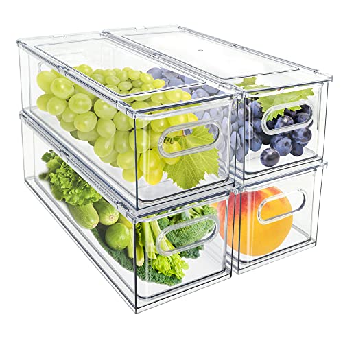 4Pack Stackable Fridge Organizer Drawers Pull Out Bins Clear Refrigerator Drawer Storage Box Divided Produce Saver Containers for Veggie Fruit Pantry Cabinet Makeup Clothes