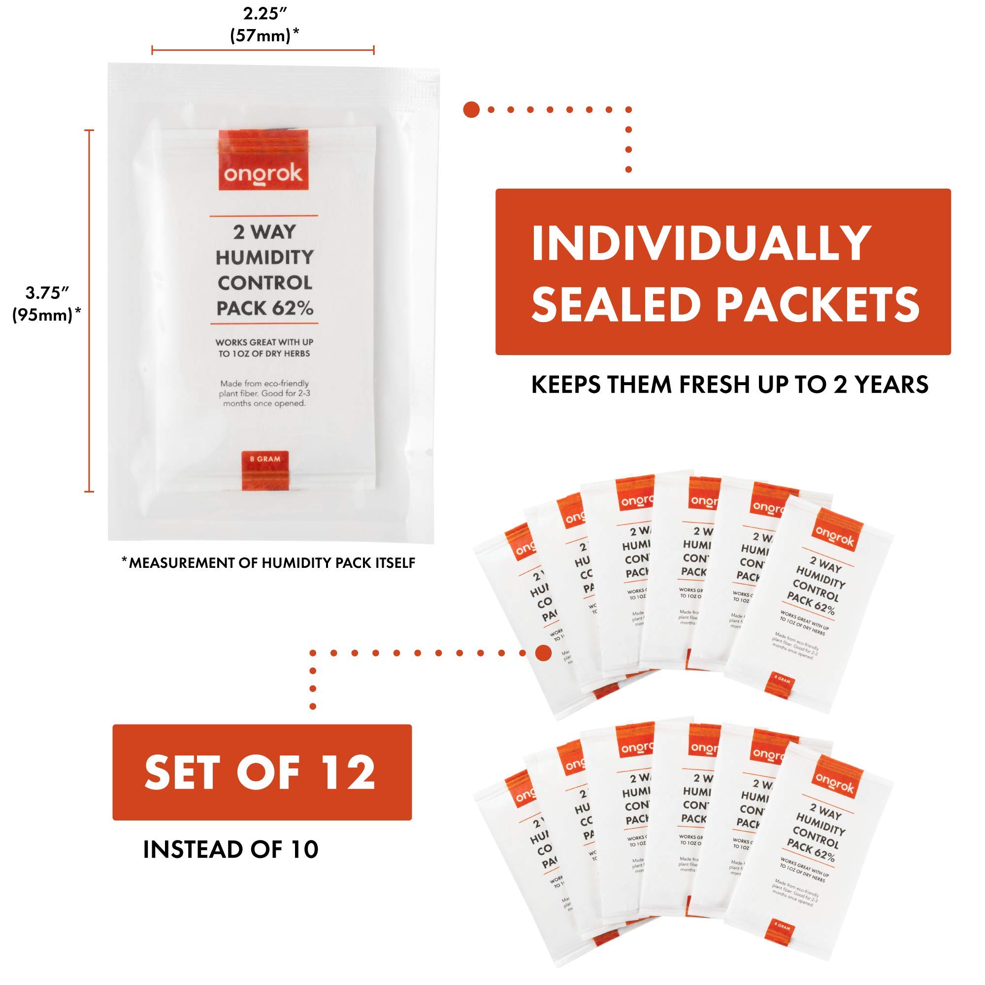 12 Pack of 2 Way Humidity Control Packs, Size 8, 62% RH by ONGROK, Each Pack for up to 1 oz