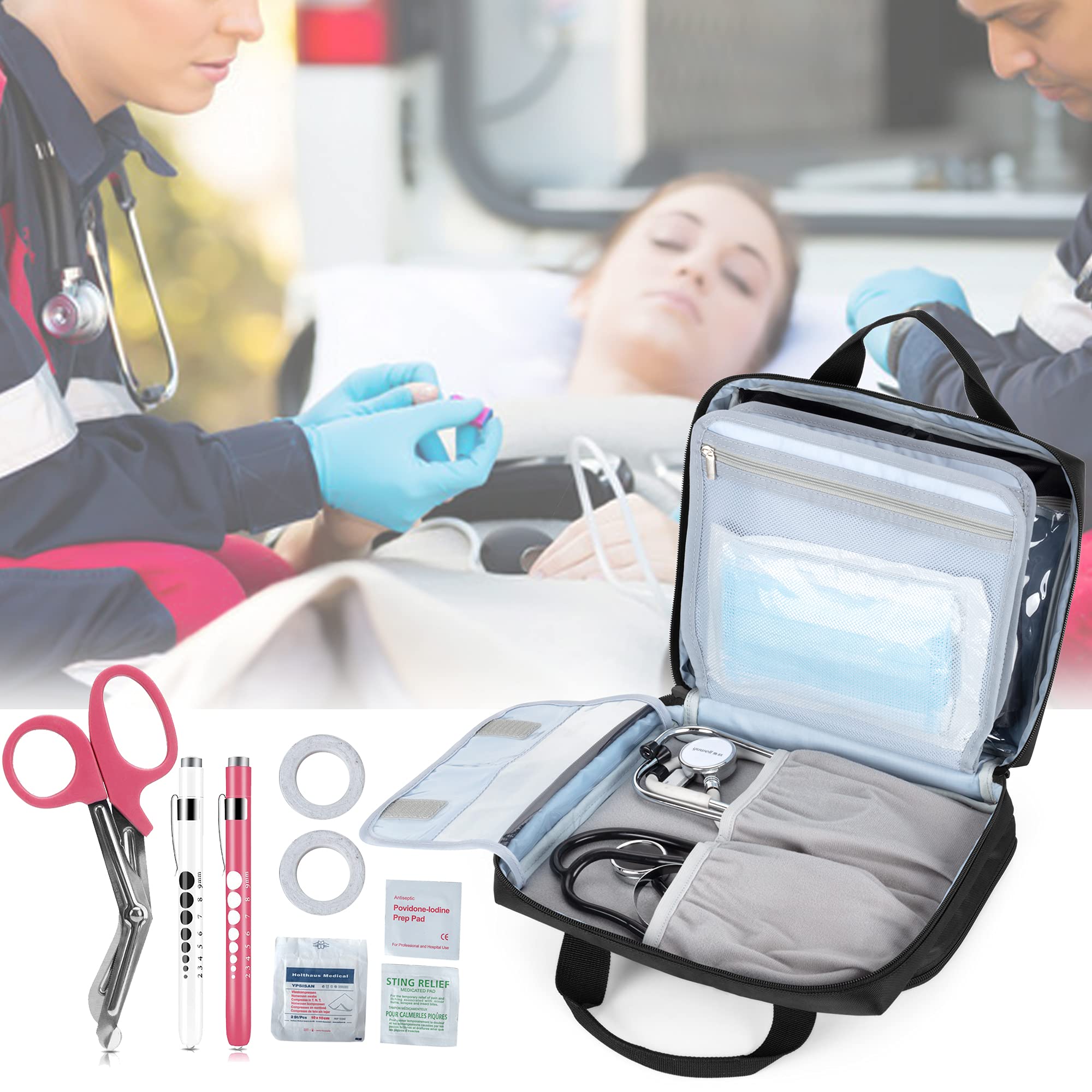 Trunab Utility Nurse Case Padded Stethoscope Case, Hold Two Stethoscopes/BP Cuffs and Nurse Accessories, Small Empty First Aid Bag for Nurses, Doctor, Black (Patent Design)
