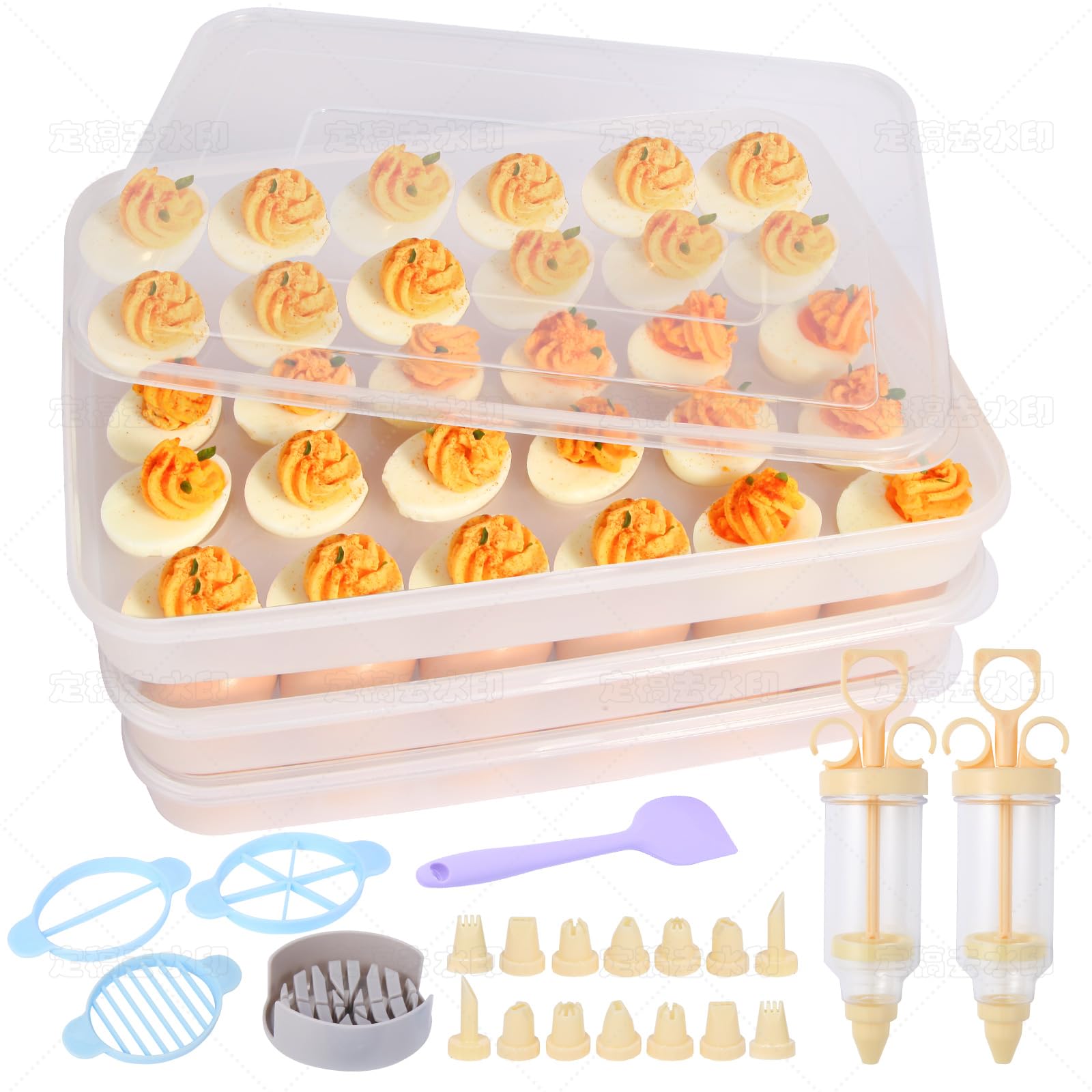 3 Pcs Deviled Egg Containers with Lid,72pcs Plastic Deviled Egg Tray Carrier with Handl Injector Piping Tool,Deviled Egg Platter Holder Organizer for Refrigerator Party Picnic Party Events Serving
