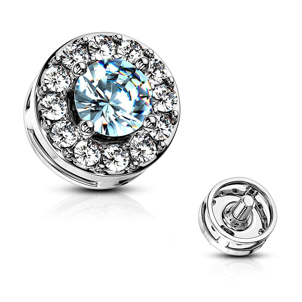 14GA Stainless Steel Internally Threaded Double Tiered Round CZ Crystal Center Dermal Anchor Top (Aqua)