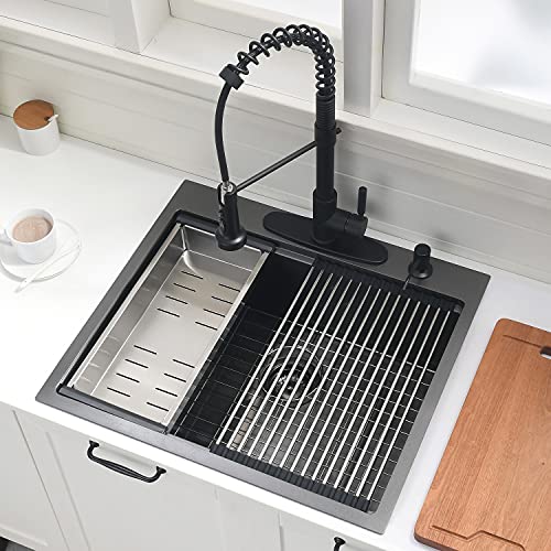 25x22-Inch Black Drop In Kitchen Sink Workstation - VOKIM 25 Inch Single Bowl Kitchen Topmount Sink 16 Gauge Stainless Steel 10'' Deep Handmade Kitchen Sink with Cutting Board& Strainer