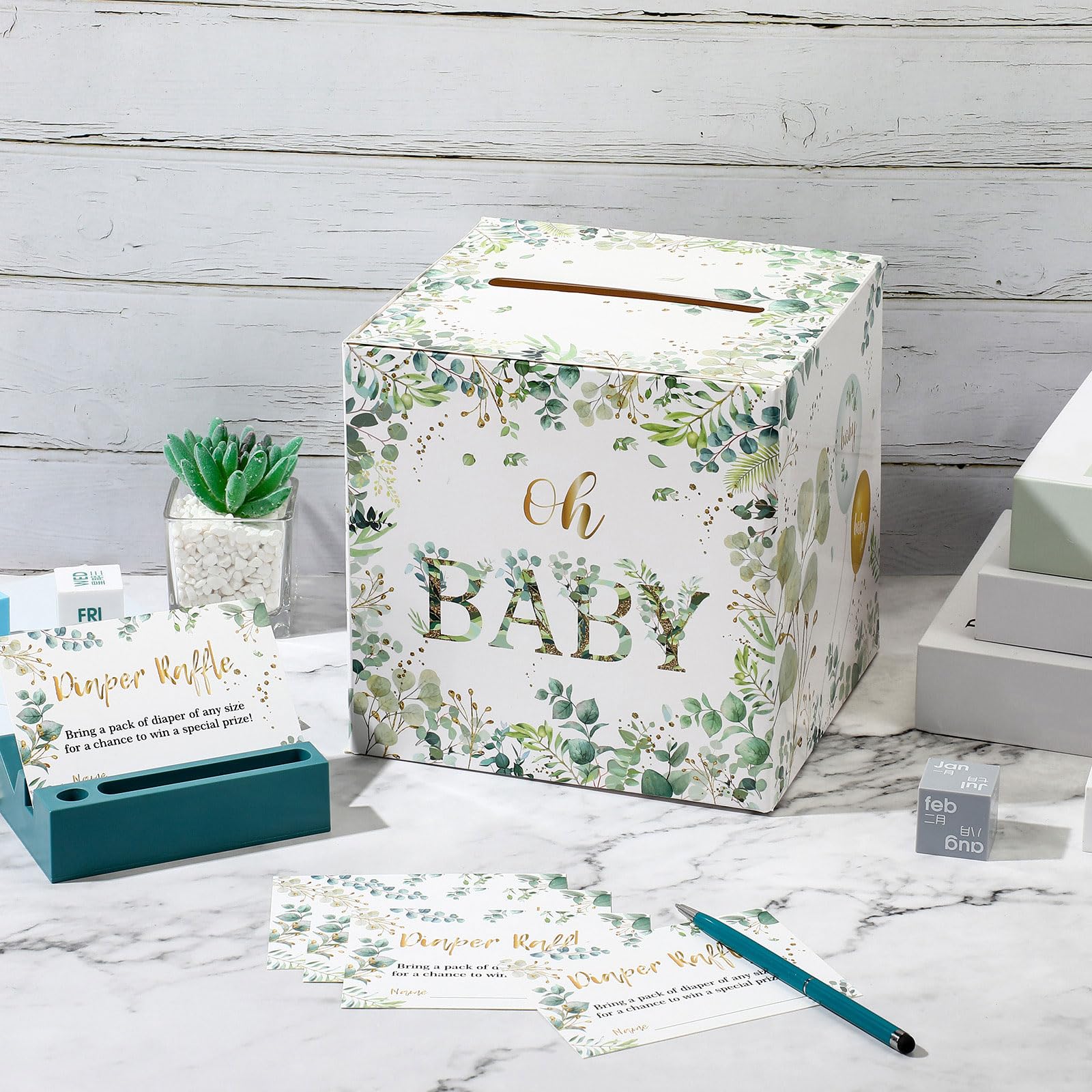 50 Pieces Greenery Diaper Raffle Tickets with Baby Shower Holder Box Baby Party Decorations Favors Sign Box Insert Ticket Diaper Raffle Game Kit