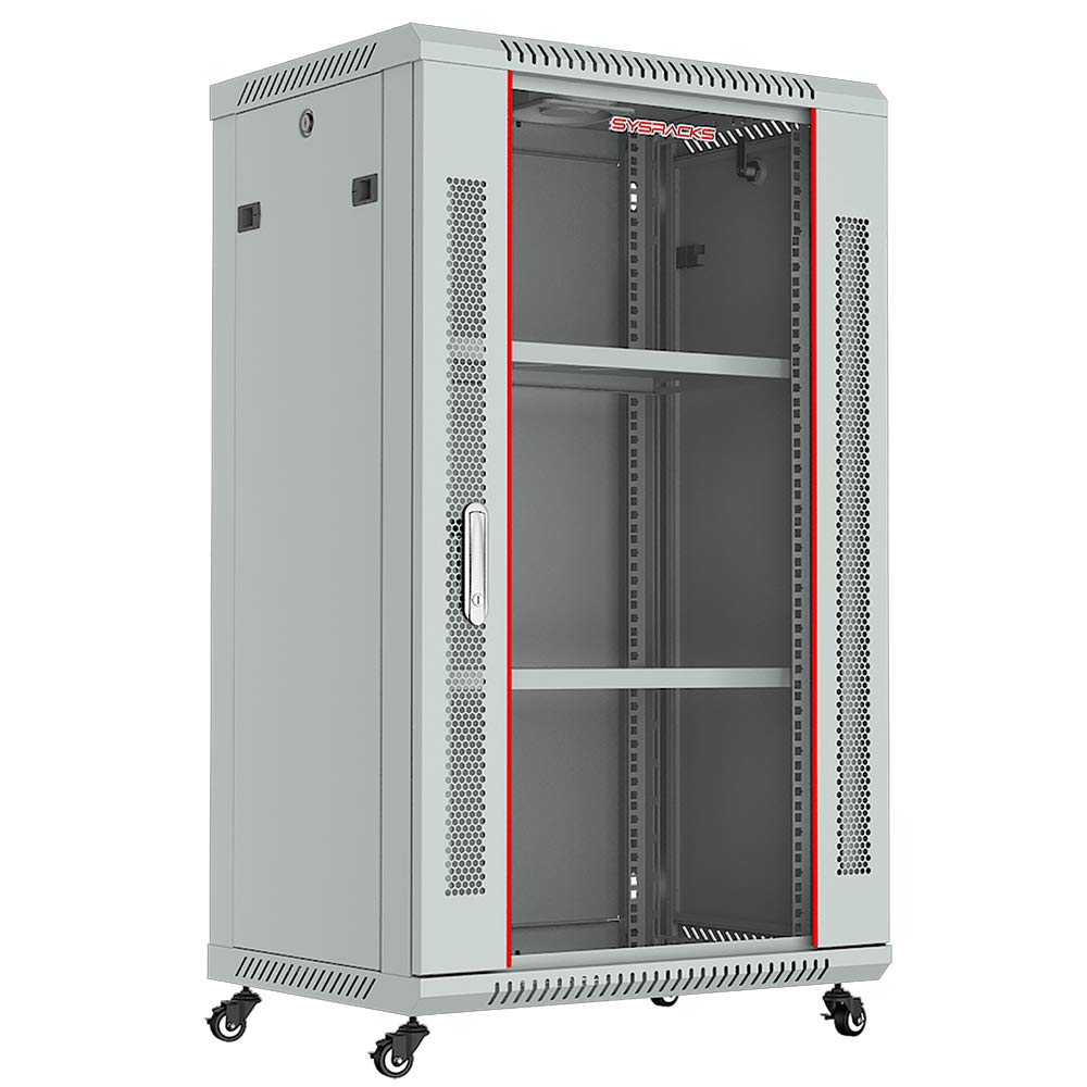18U Wall Mount Gray IT Network Server Rack Cabinet Enclosure 24 Inch Depth-2 Shelves-8-Way PDU-Fan-Casters-Hardware