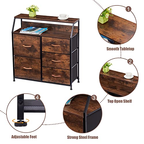 AIIT Kinlife Drawer Dresser Storage Tower, 5-Drawer Organizer Unit with MDF Board Tabletop, Organizer Tall Fabric Storage Tower for Bedroom Kitchen Living Room Study Entryway