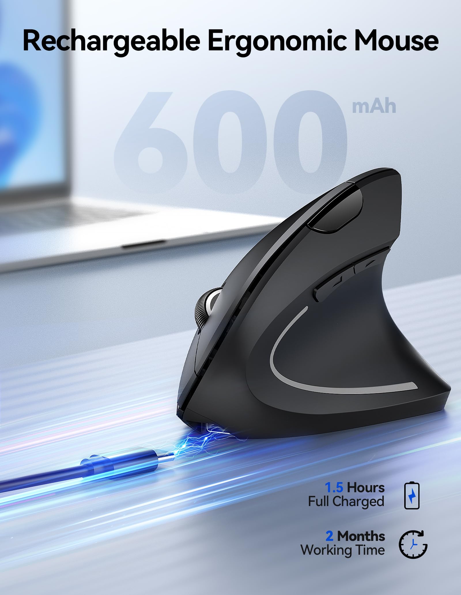 TECKNET Ergonomic Mouse, Rechargeable Vertical Ergo Mouse Wireless, Silent 2.4GHz 6 Buttons Optical Carpal Tunnel Mouse, 5 Adjustment Levels, Up to 4800DPI Wireless Mouse for Laptop, Desktop, PC