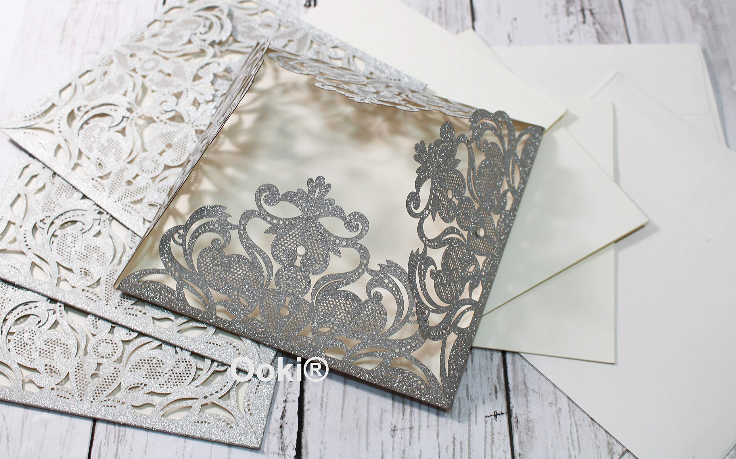 8 Romance Glitter Floral Square Elegant Laser Cut Invitation Cards for Birthday Wedding Quinceanera Sweet 16 Bridal Shower Favor Event Party Announcement Celebration (Silver)