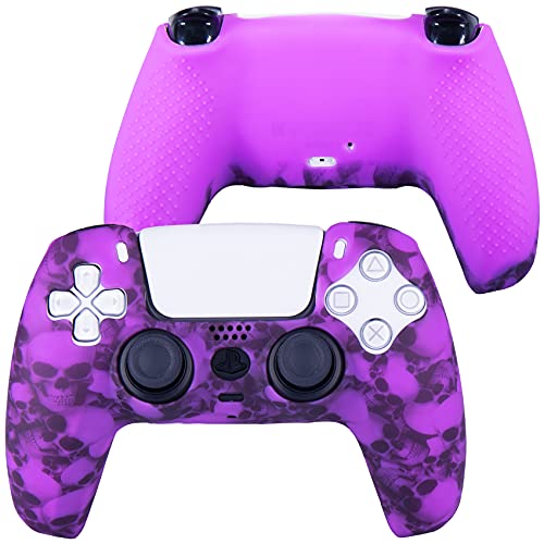 9CDeer 1 Piece of Silicone Transfer Print Protective Cover Skin + 10 Thumb Grips for PlayStation 5 / PS5 Controller Skulls Purple