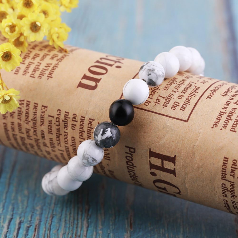 2 Pcs Couple Distance Relationship Bracelets Black Matte Agate & White Howlite Energy Beads Stone Ying Yang Balance Bracelet Banglet for Lovers Touch Bracelets Long Distance Relationship¡