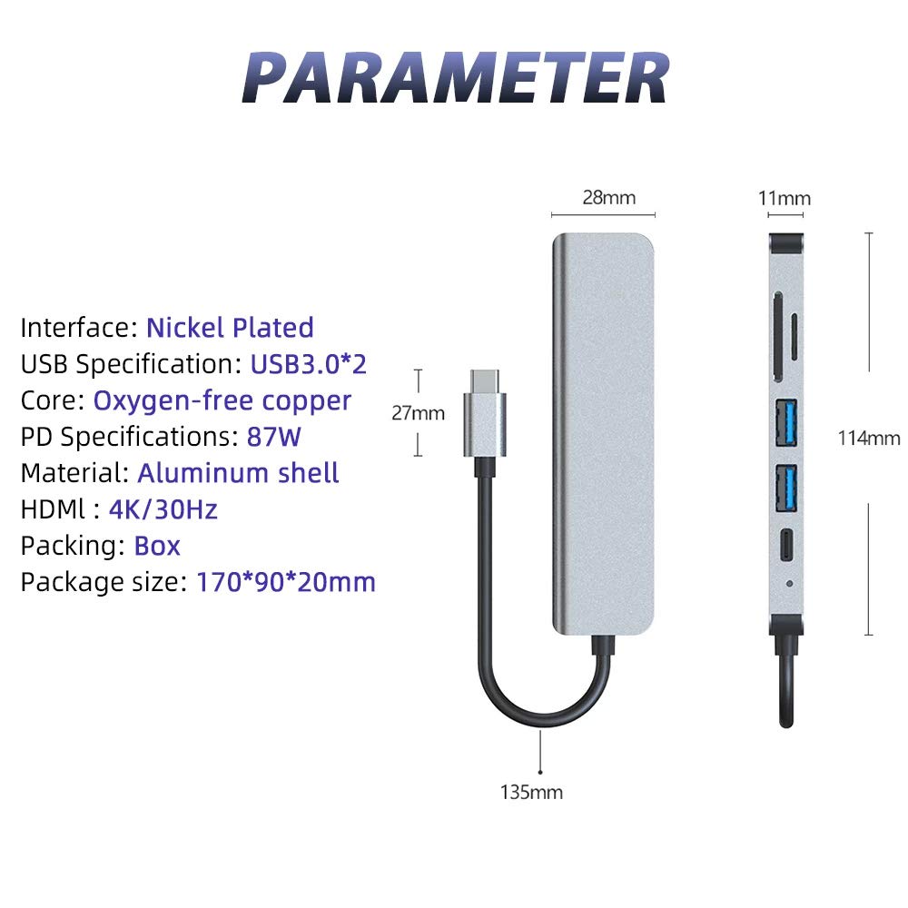 USB C Hub,6 in 1 Dual USB Type C Dock USB C SD TF Card Reader Splitter,USB3.0 Type C Hub Adapter for Notebook 4K Video