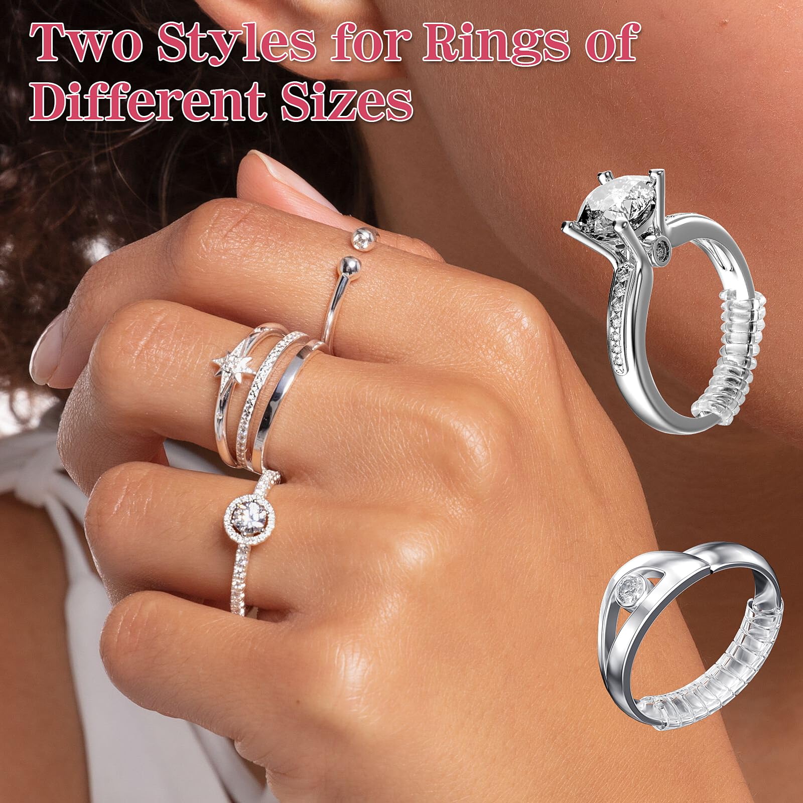 12 Pack Ring Sizers for Loose Rings - 4 Sizes Clear Silicone Ring Size Adjuster, Invisible Ring Guard, Spiral Resizer, and Tightener Spacer, Non-Slip Fit, Adjustable and Comfortable, for Women and Men