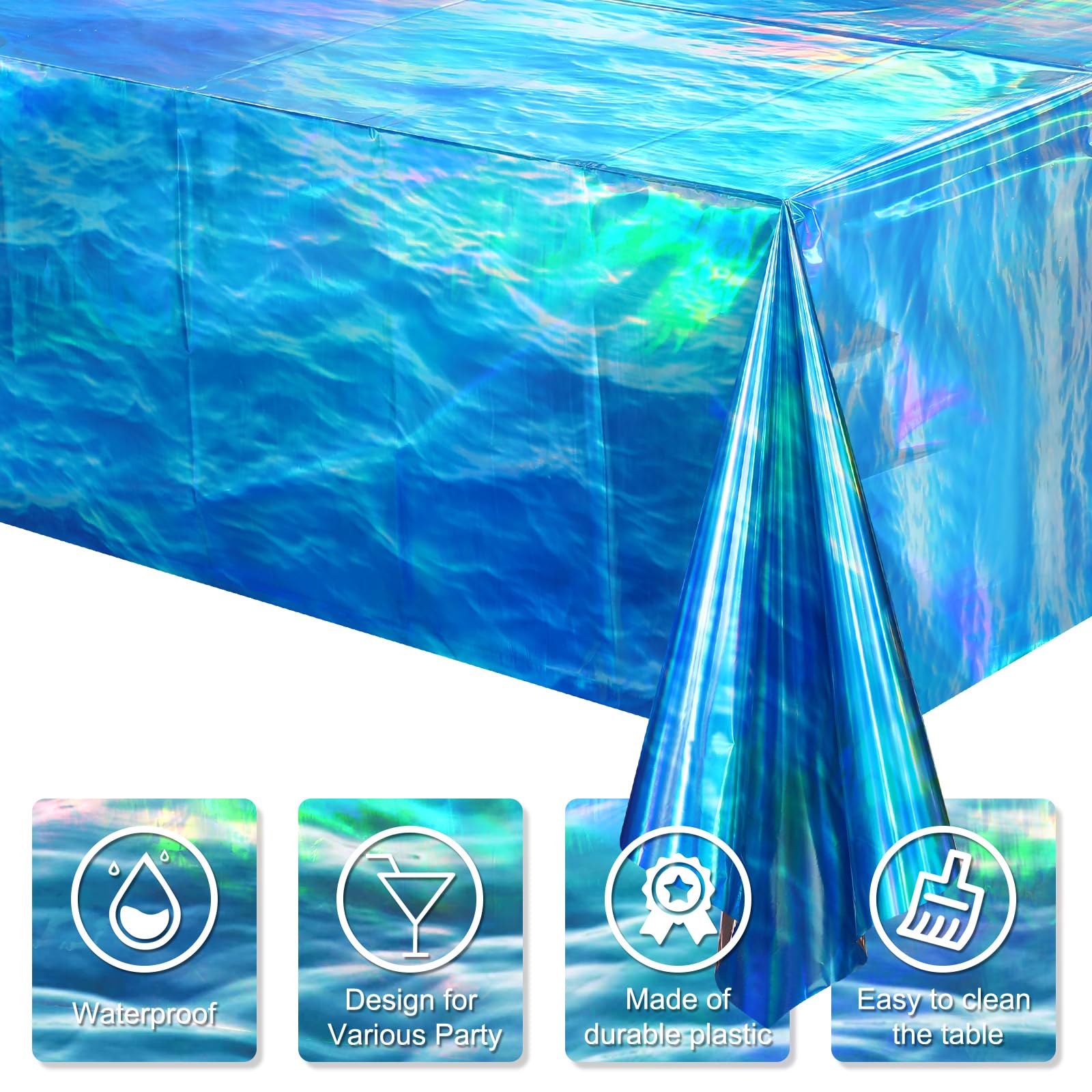 3 Pcs Iridescent Ocean Waves Tablecloths Disposable Plastic Ocean Blue Table Cloth Rectangle Table Covers for Under the Sea Beach Surf Ocean Pool Party Birthday Party Decorations, 54 x 108 Inch