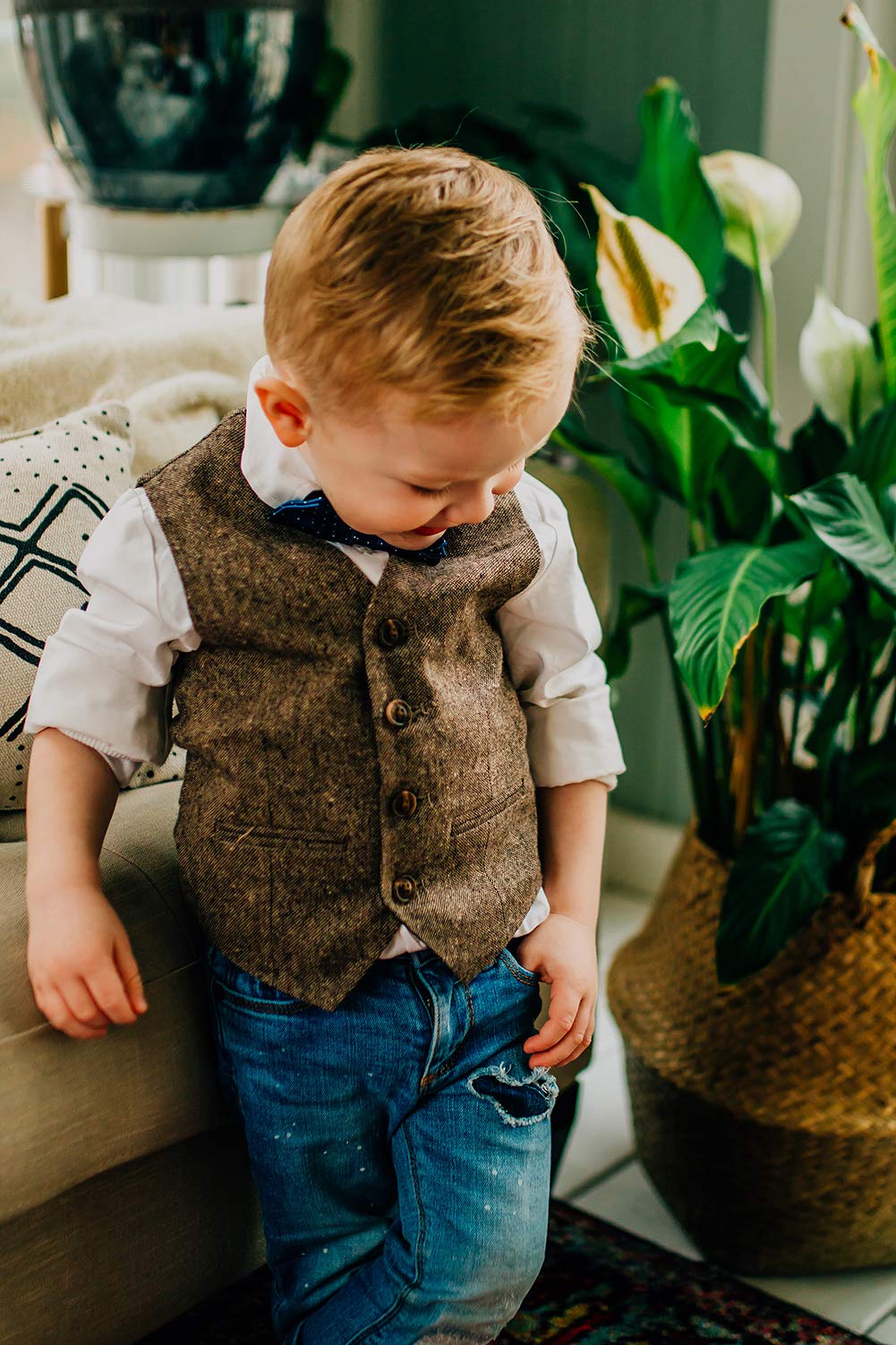 Born to Love Vest for Baby Toddler Kids Ring Bearer Pageboy Wedding Formal Herringbone Outfit Tan and Brown, 12 Years
