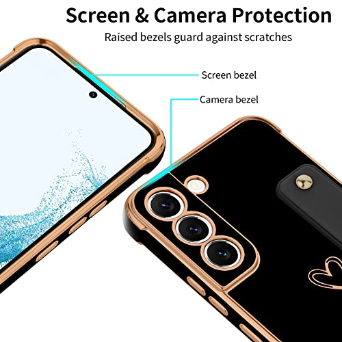 AIGOMARA Compatible with Samsung Galaxy S22 Plus Case with Finger Strap Luxury Cute Heart Plating Phone Case Full Body Protective Kickstand Cover for Galaxy S22 Plus 5G 2022 Women Girly - Black