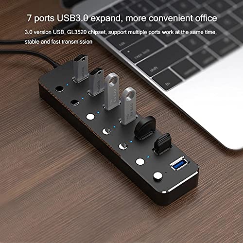 SHYPT Aluminum 7-Port USB 3.0 Hub 120cm Cable Sub-Control Switch 5Gbps LED Indicator HUB Chargeable Splitter for Multi USB Devices (Color : Silver)