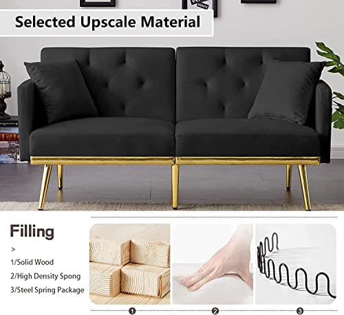 60"Convertible Folding Futon Sofa Bed with 2 Pillows and Armrest,Modern Velvet Sleeper Couch Bed with 3 Adjustable Backrests,Recliner Loveseat for Small Space,Living Room Bedroom Apartment (Black)