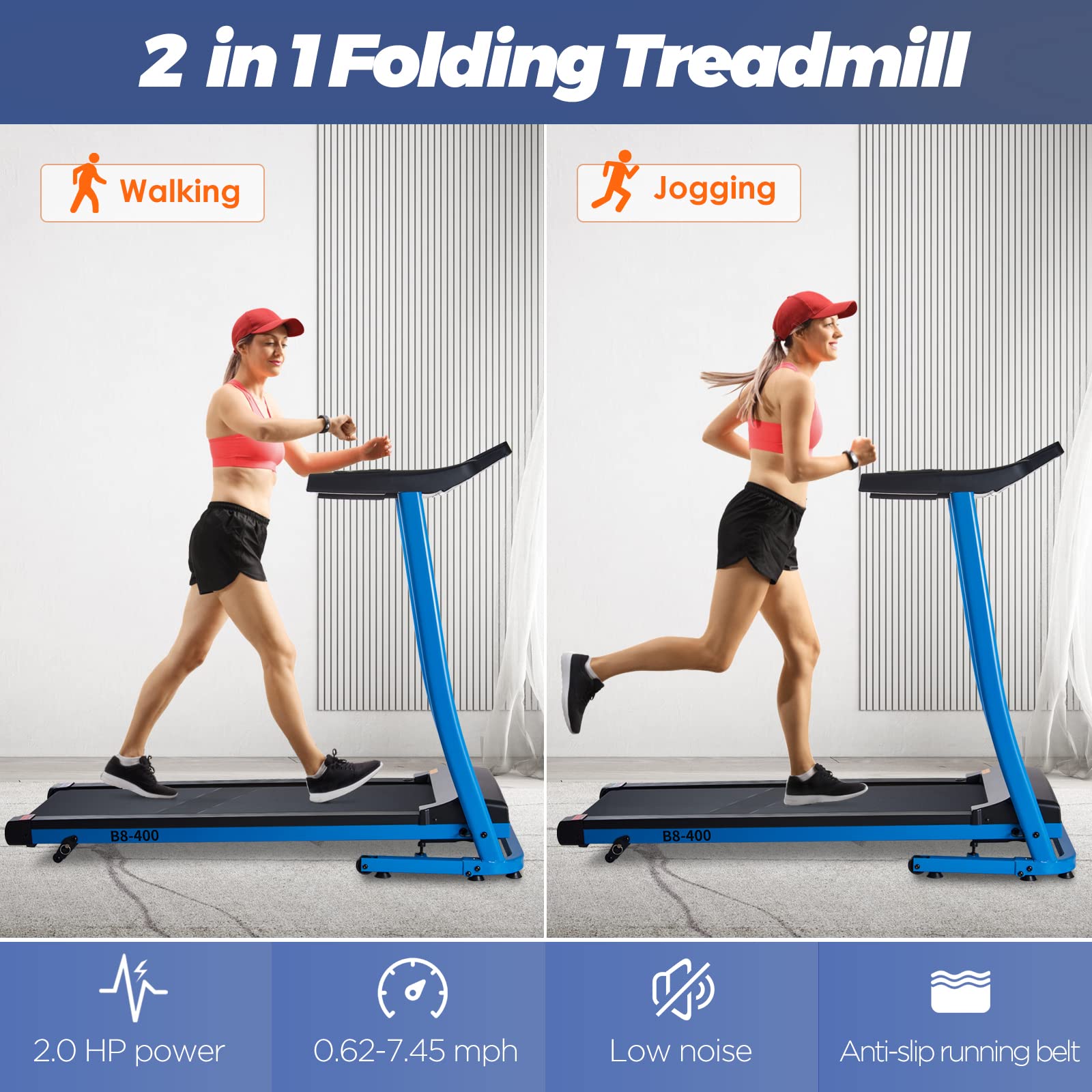 2.5HP Folding Treadmill 3-Speed manually Adjustable Incline Treadmill LED Display can be Connected to Bluetooth Speakers Maximum Adjustable Speed 12 km Weight More Than 300 pounds Blue